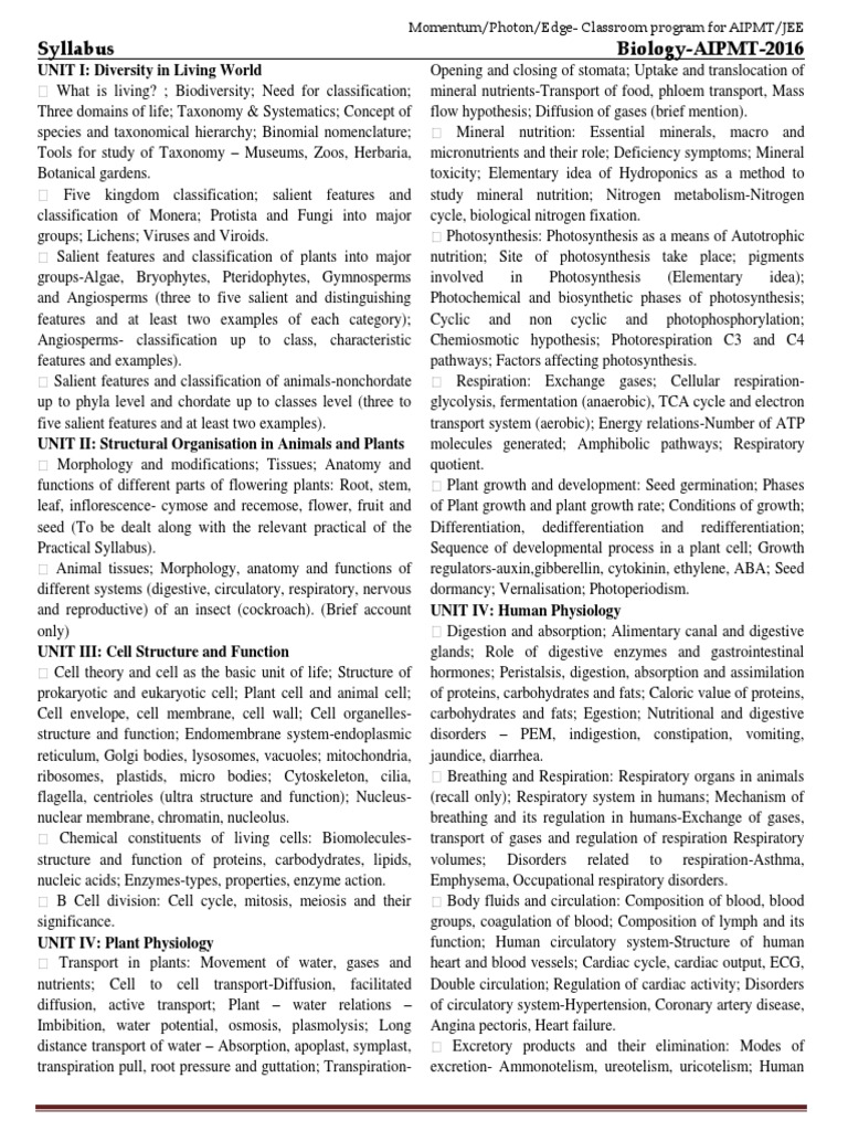 AIPMT 2016 Syll Biology | PDF | Cell (Biology) | Sexual Reproduction