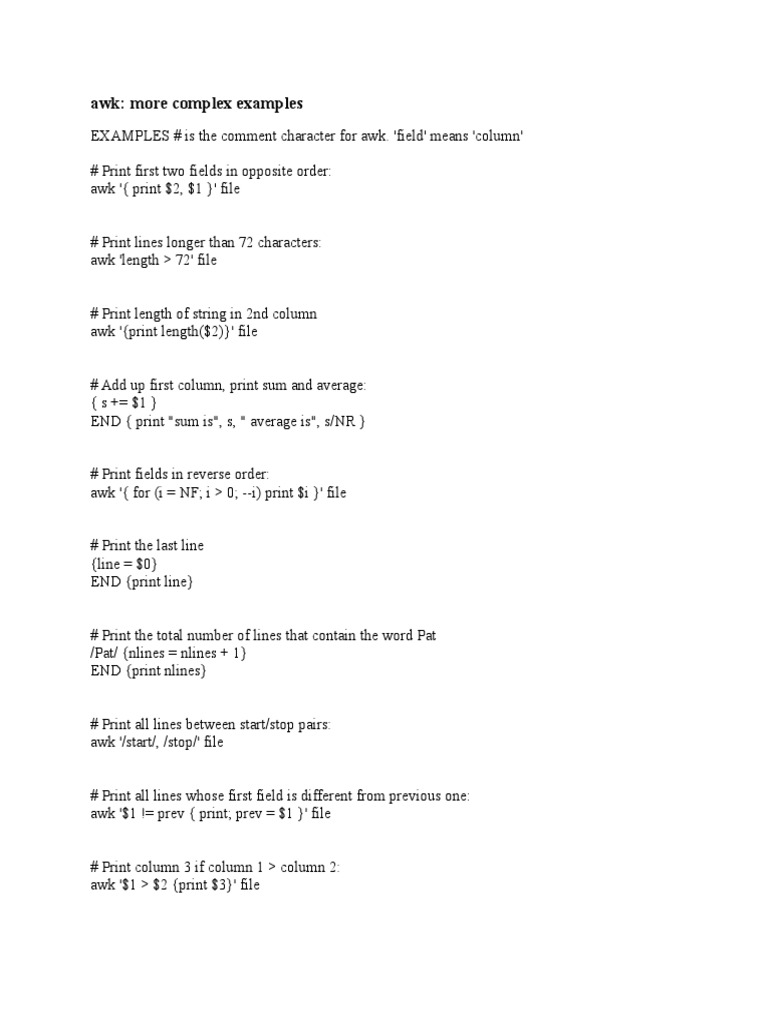 Awk: More Complex Examples | PDF | Software Development | Computer ... Awk: More Complex Examples | PDF | Software Development | Computer ...