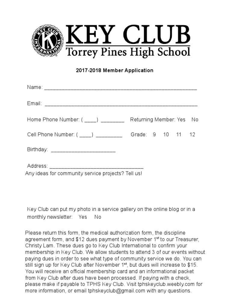 Key Club Membership Application | PDF | Therapy | Service Industries