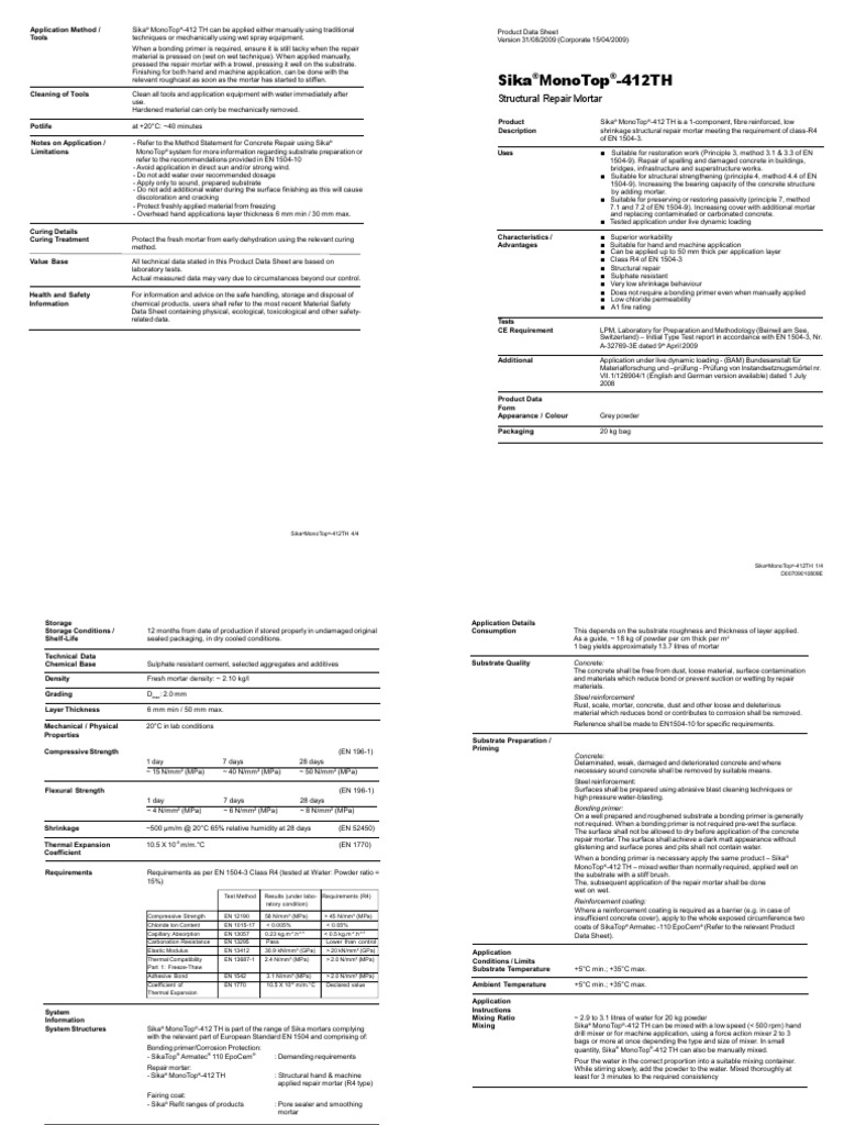 Sika PDS - E - Sika MonoTop - 412 TH | PDF | Concrete | Mortar (Masonry)