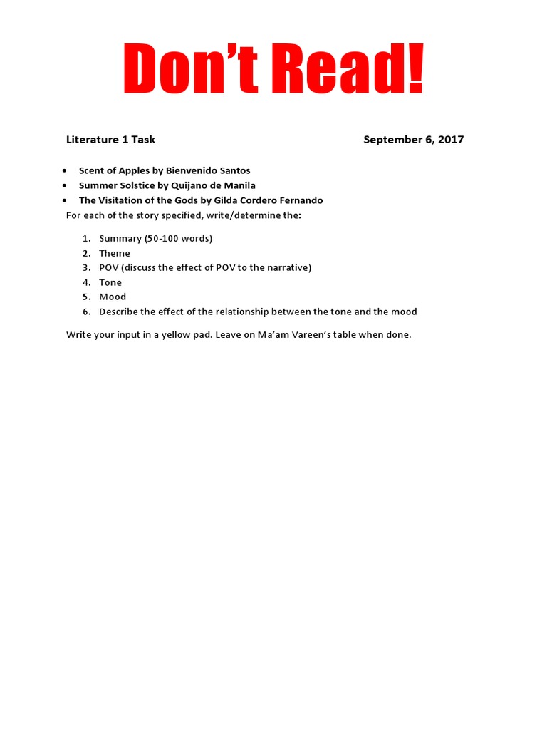 Don't Read!: Literature 1 Task September 6, 2017 | PDF