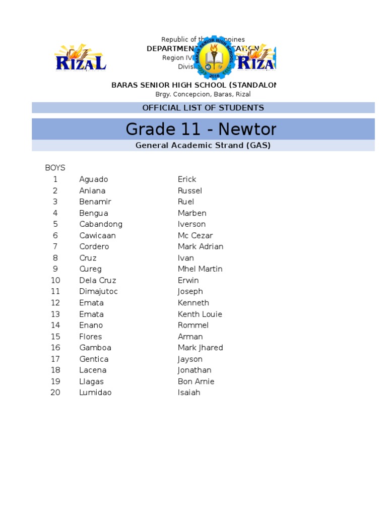 Baras Senior High School Student List | PDF | Schools