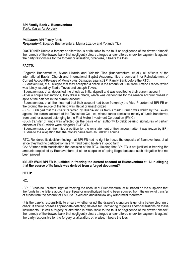 BPI Family Bank's Liability in Forgery Case | PDF | Transaction Account | Cheque