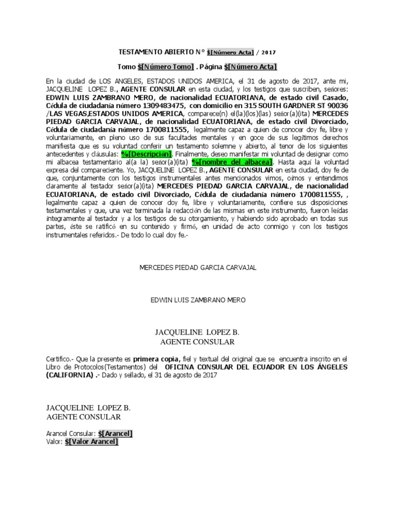 mODELO DE tESTAMENTO ABIERTO | PDF | Voluntad y testamento | Justicia