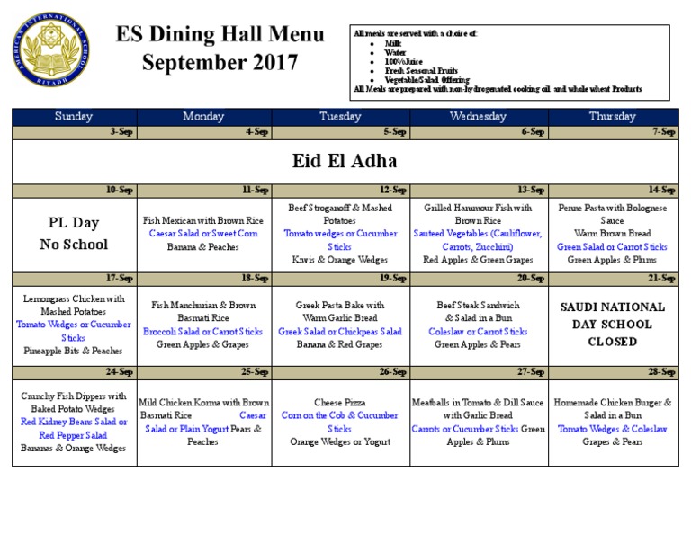 ES Dining Hall Menu - September 2017 | PDF | Coleslaw | Salad