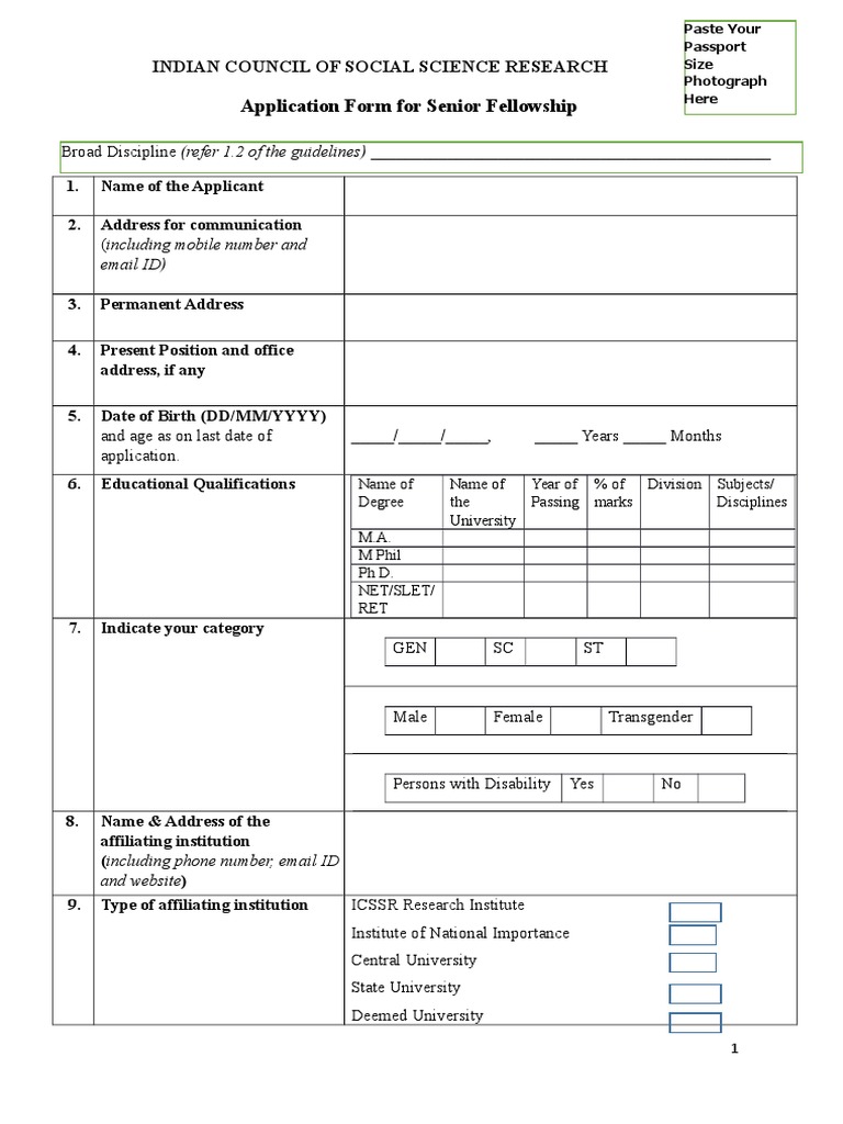 Application Form For Senior Fellowship: Indian Council of Social ...