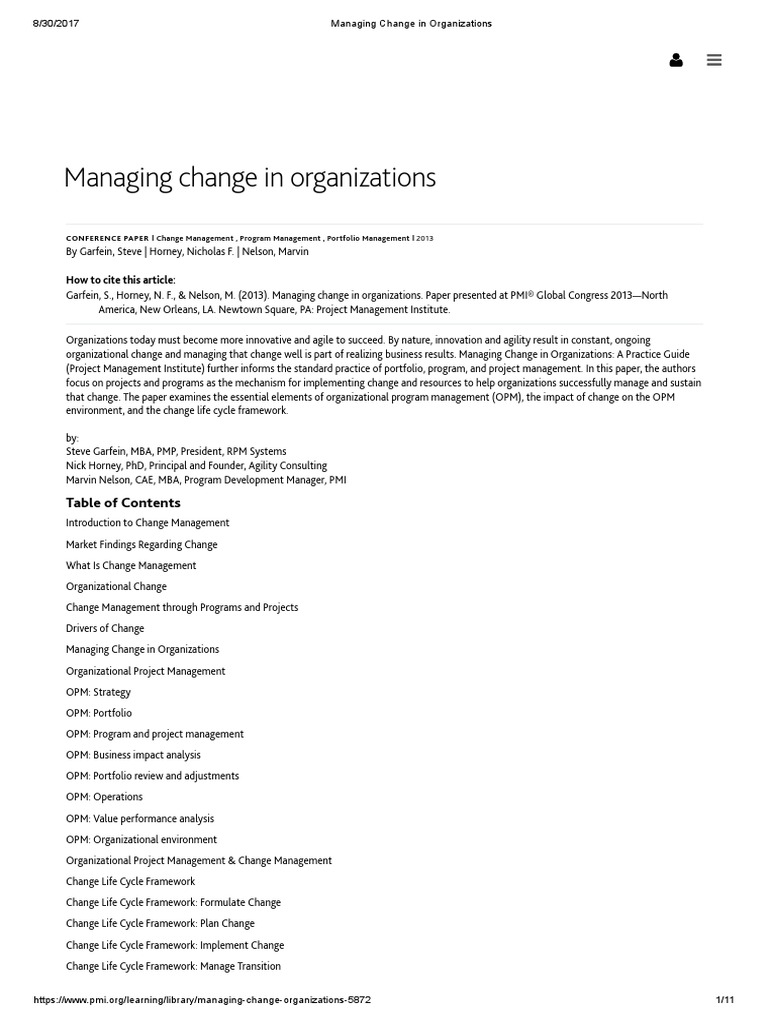 Managing Change in Organizations | PDF | Change Management | Strategic ...