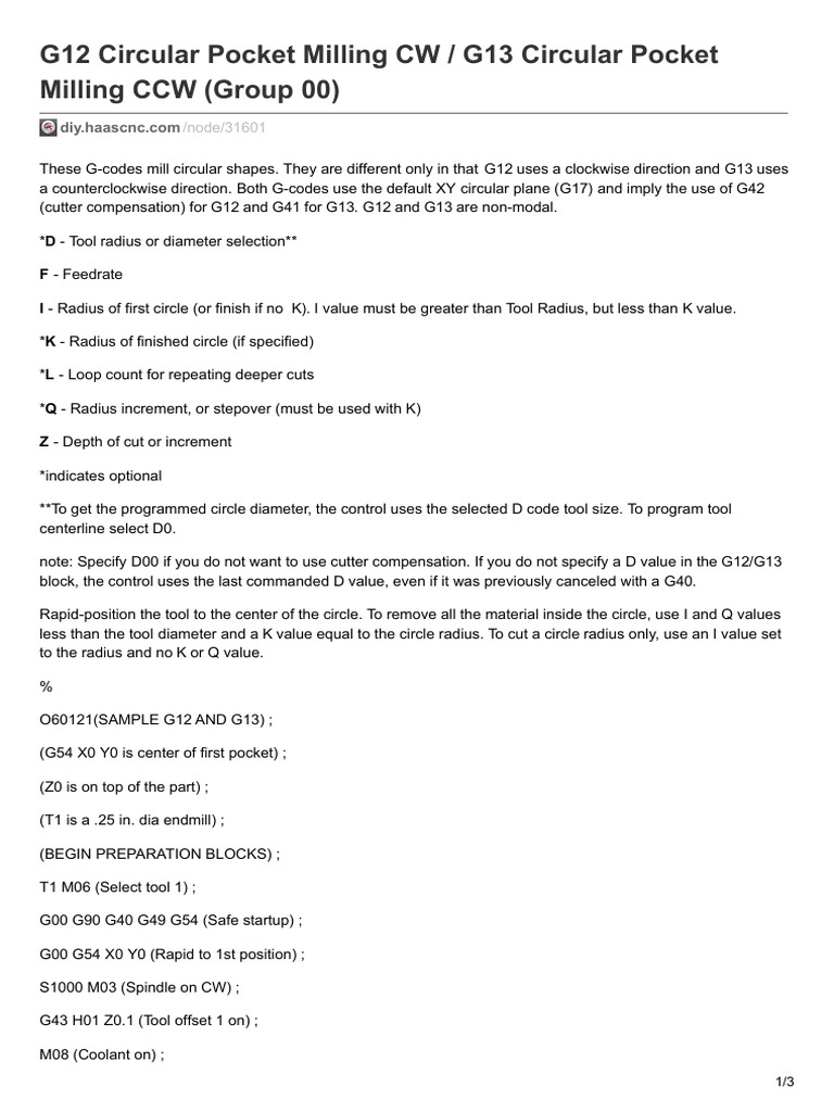 G12 Circular Pocket Milling CW G13 Circular Pocket Milling CCW Group 00 ...