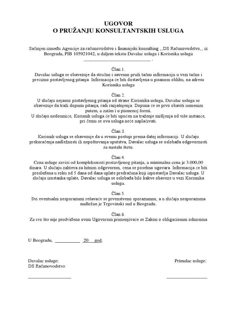 UGOVOR o Pruzanju Konsultantskih Usluga | PDF