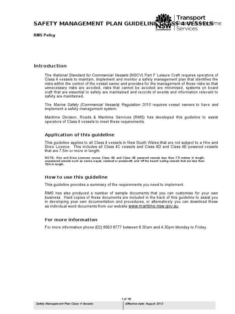 Safety Management Plan Guideline Class 4 Vessels: RMS Policy | PDF ...