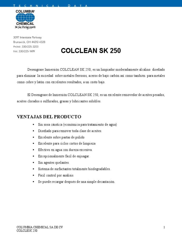 Tds Colclean SK 250 | PDF | Ácido clorhídrico | Agua