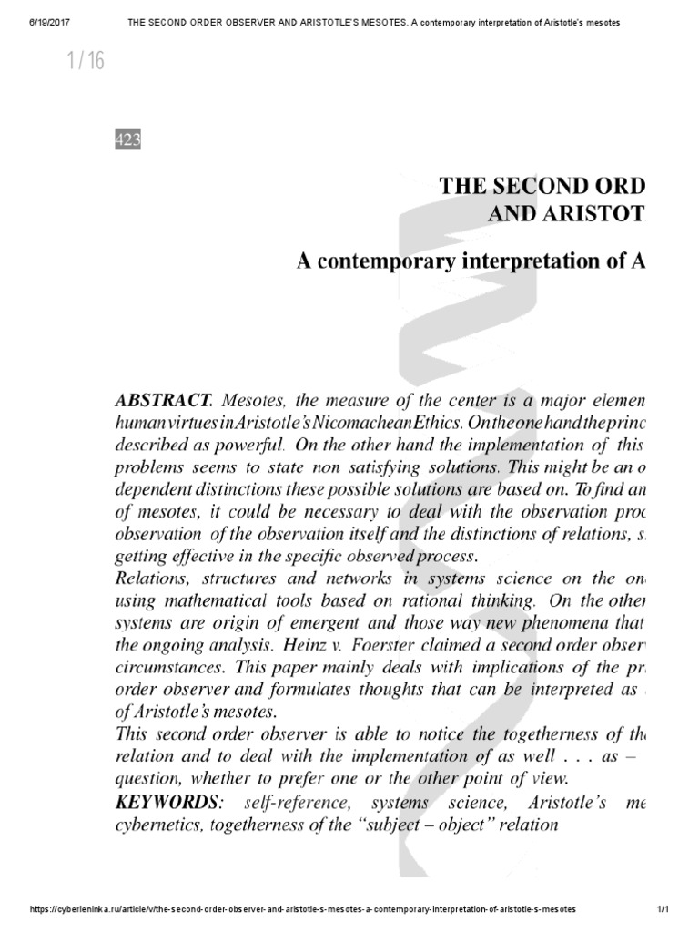 The Second Order Observer and Aristotle's Mesotes | PDF
