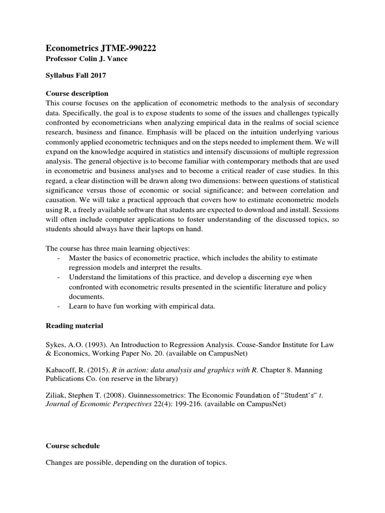 Econometrics JTME-990222: Professor Colin J. Vance Syllabus Fall 2017 Course Description | PDF ...
