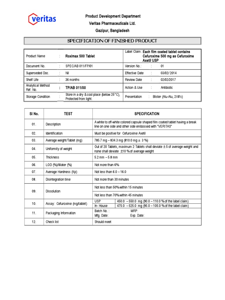 FP Spec. | PDF | Tablet (Pharmacy) | Pharmaceutics