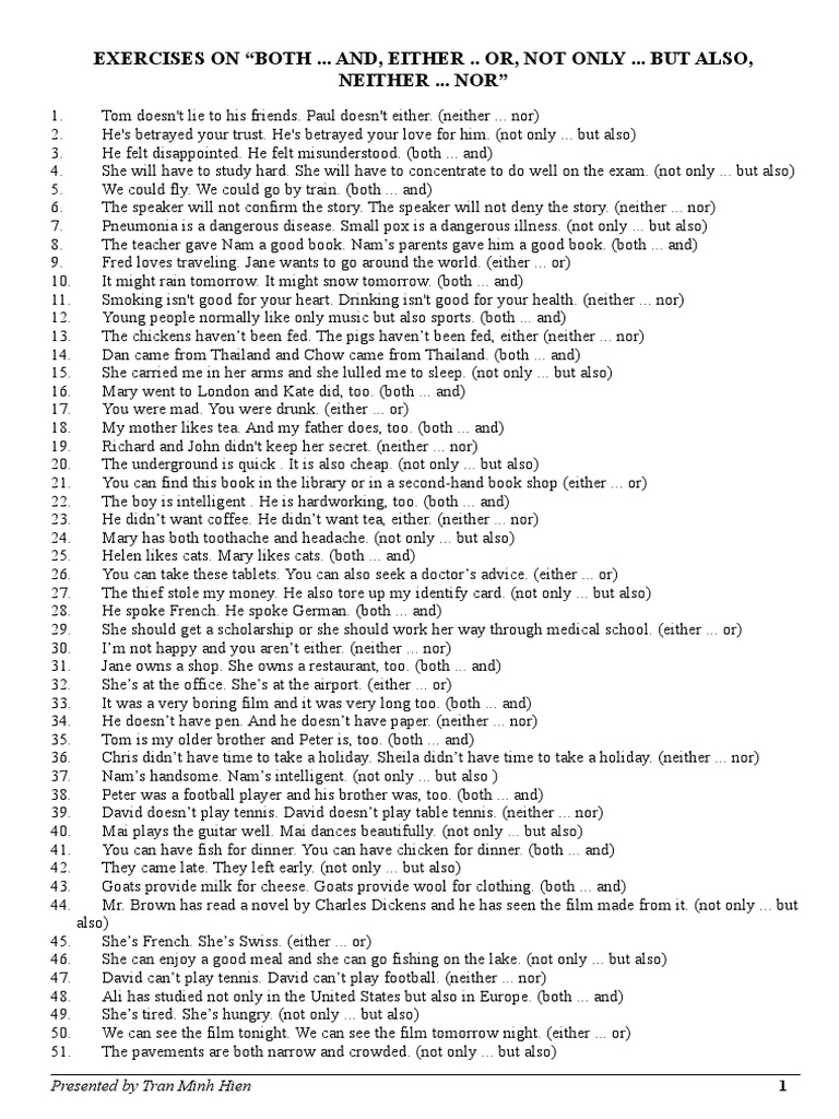 EXERCISES ON BOTH AND EITHER OR NOT ONLY BUT ALSO NEITHER NOR.doc | Leisure