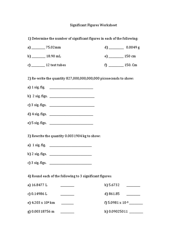 Significant Figures Worksheet | PDF