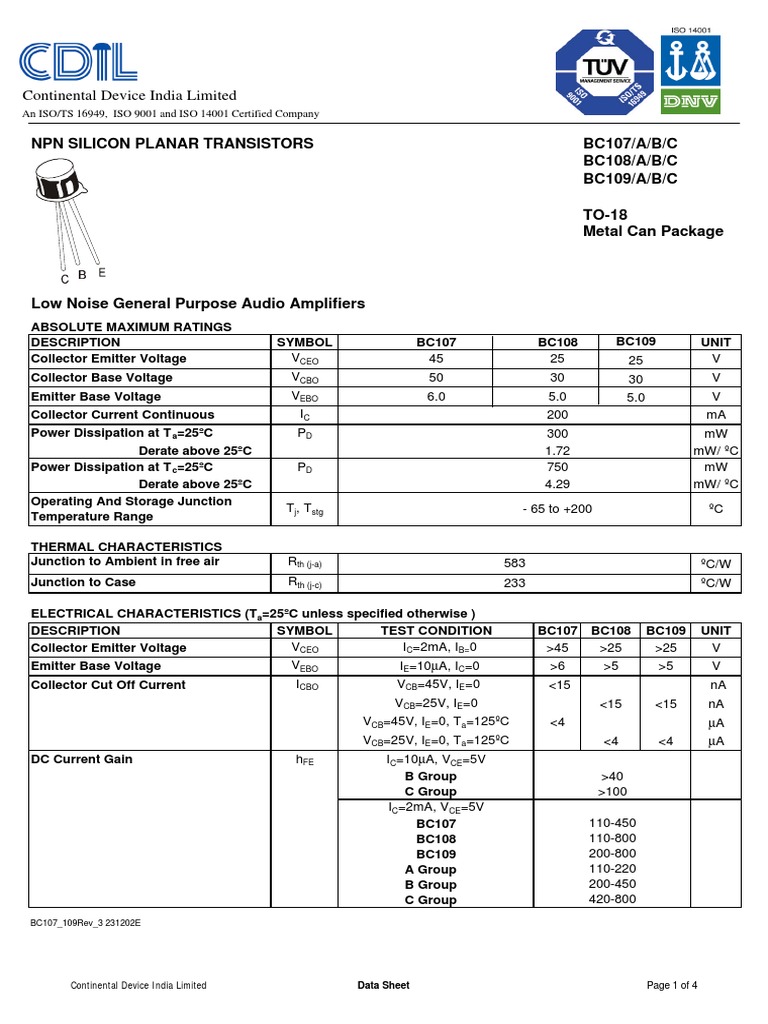 BC107/BC108/BC109 Transistor Datasheet | PDF | Bipolar Junction ...