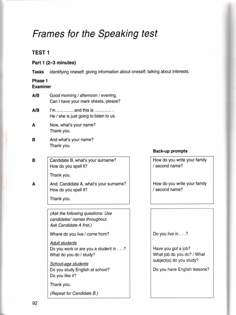 Cambridge PET Book 6 Speaking Test 1