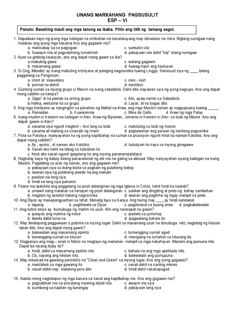 Esp Unang Markahang Pagsusulit | PDF