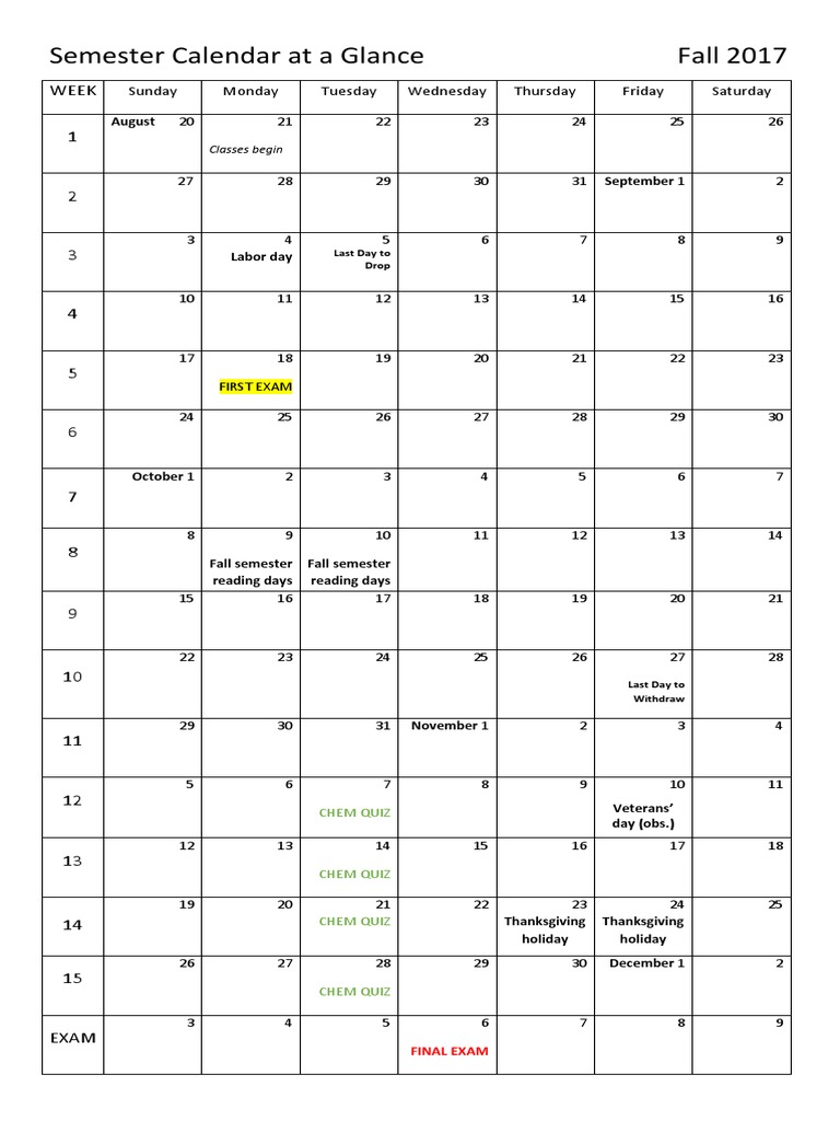 Semester Calendar Fall 2017 | PDF | Academic Term | Holidays