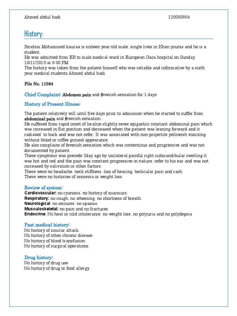 History:: Chief Complaint: History of Present Illness | PDF | Medical ...