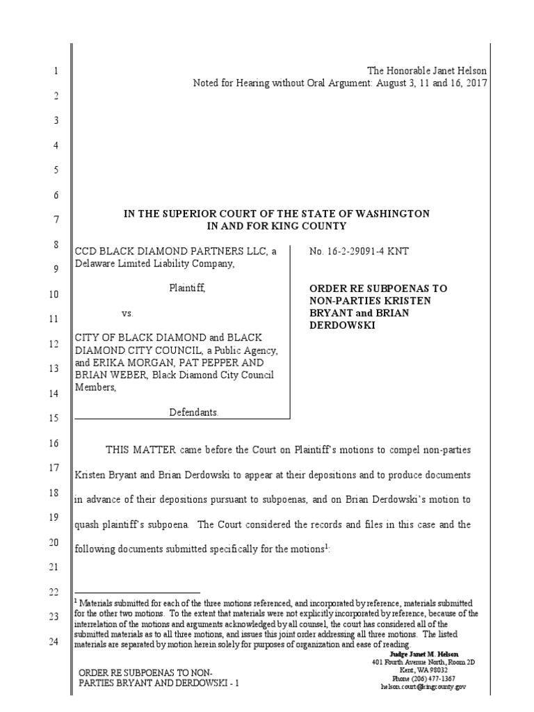 Bryant and Derdowski Compel Order | PDF | Discovery (Law) | Deposition ...