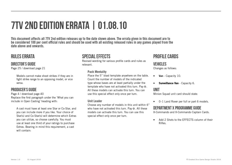 7TV 2nd Edition Errata - 01.08.10: Rules Errata Special Effects Profile ...