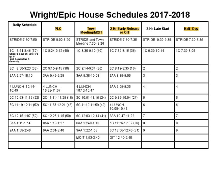 Wrightepic House Schedules 2017-18 | PDF