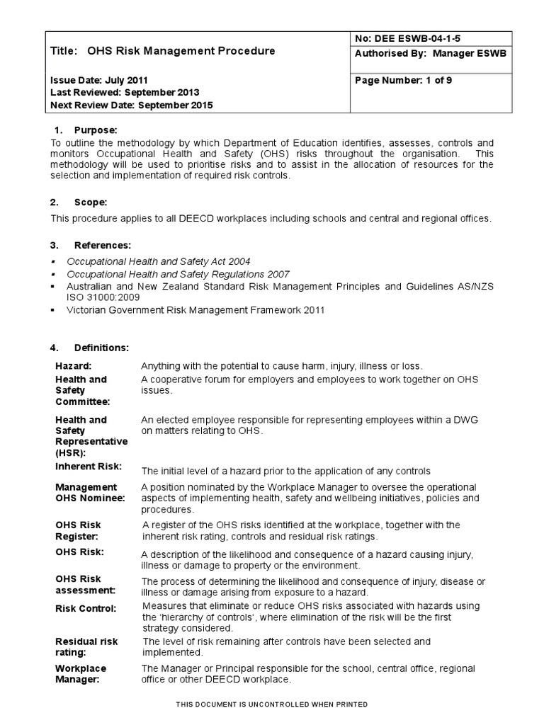 H&S Risk Management Procedure | PDF | Occupational Safety And Health ...