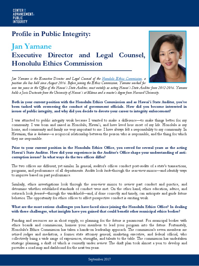 Profile in Public Integrity - Jan Yamane | PDF | Integrity | Hawaii