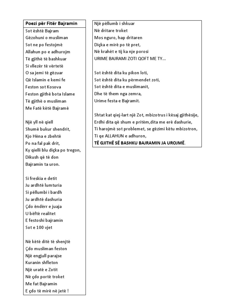 Poezi Për Fitër Bajramin | PDF