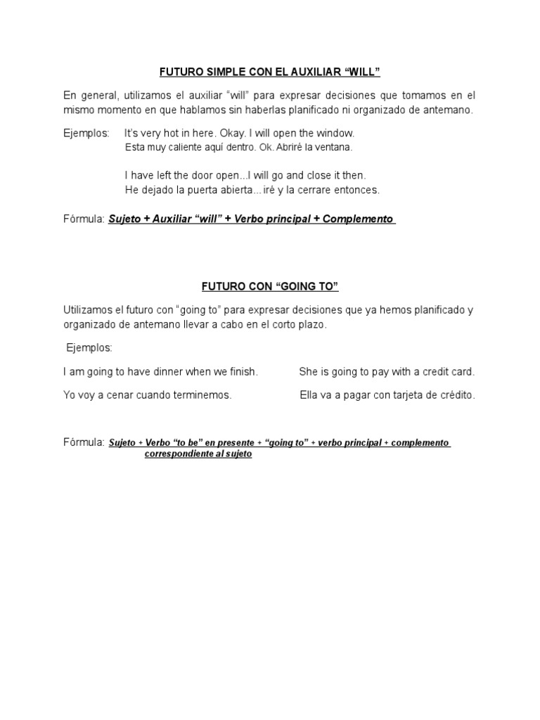 Futuro Simple Con El Auxiliar Will Futuro Con Going To Y Diferencia