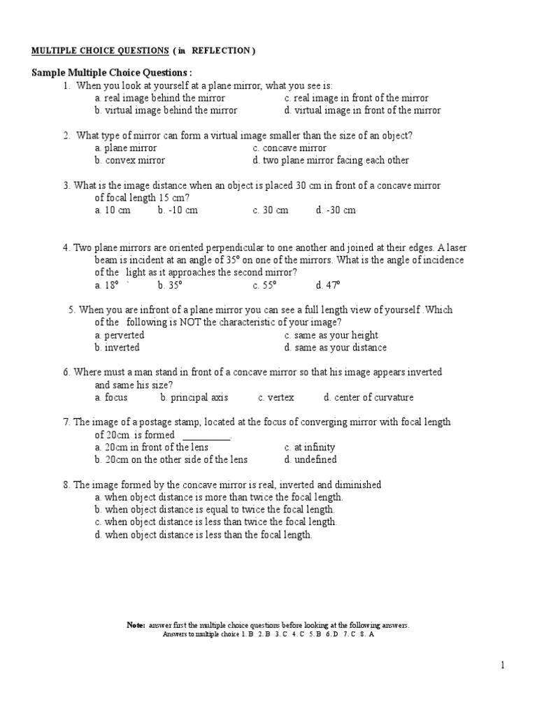 Multiple Choice Questions (In Reflection) | PDF | Lens (Optics ...