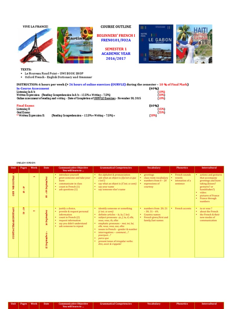 FREN0101 Updated Course Outline | PDF | Grammatical Number | French ...