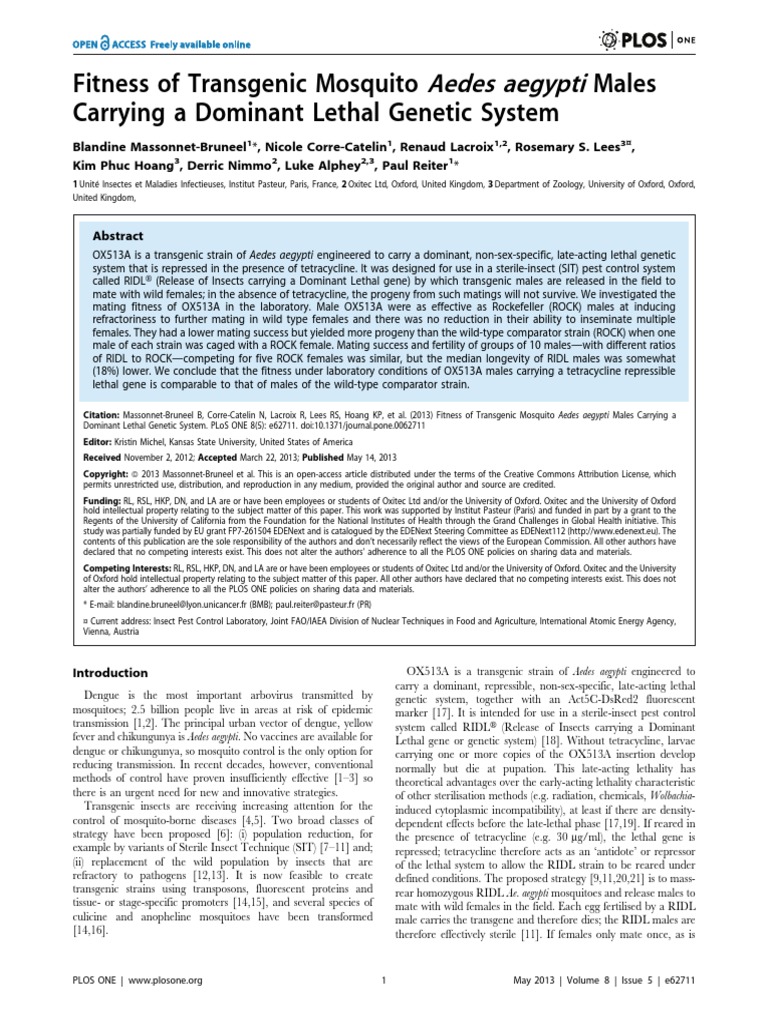 Fitness of Transgenic Mosquito Males Carrying A Dominant Lethal Genetic ...