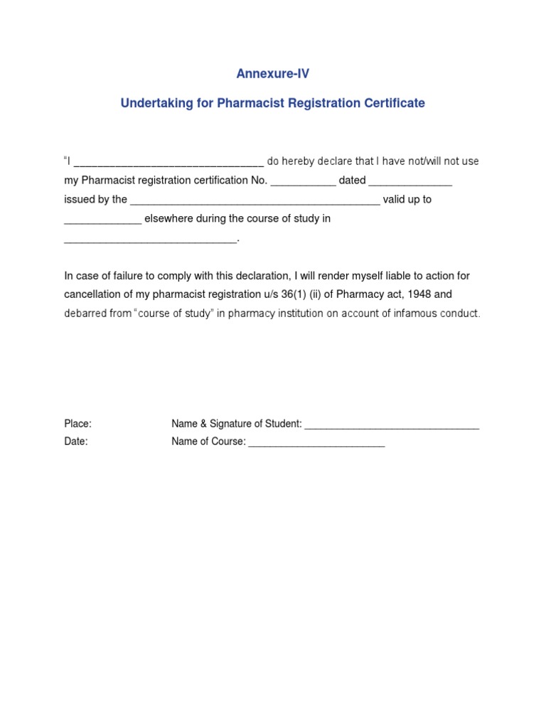 Annexure-IV Undertaking For Pharmacist Registration Certificate | PDF
