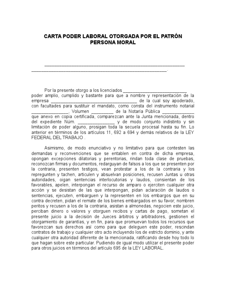 Carta Poder Laboral Otorgada Por El Patron Persona Moral Virtud