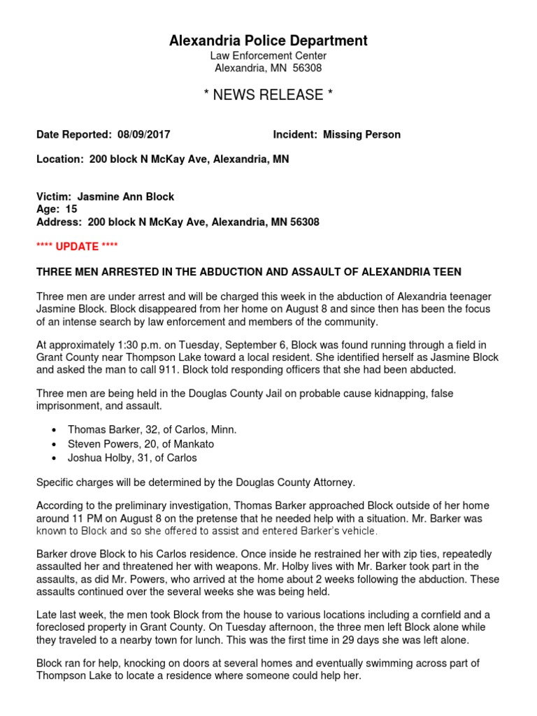 Jasmine Block Abduction Update | PDF | Kidnapping | Deviance (Sociology)