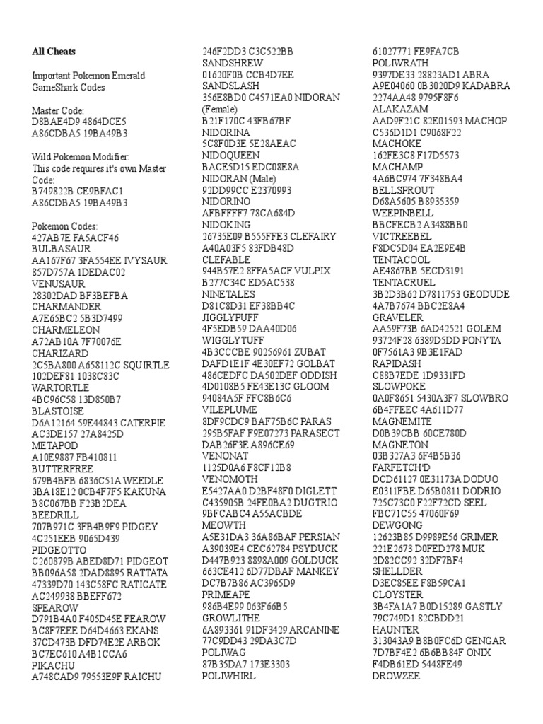 Pokemon Emerald Cheat Codes Guide | PDF | Nintendo Franchises ...