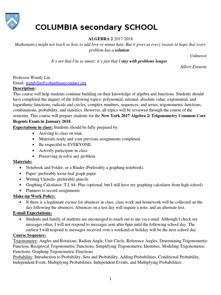 Algebra 2 Trig Syllabus | PDF | Regents Examinations | Trigonometric ...