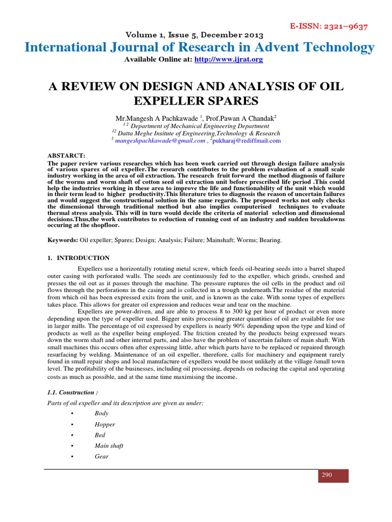 Oil Expeller Design & Analysis | PDF | Bearing (Mechanical) | Gear
