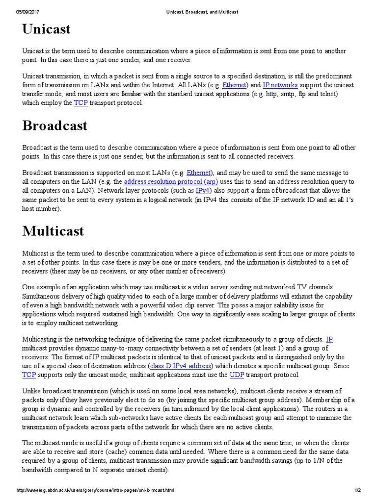 Unicast, Broadcast, and Multicast | PDF | Multicast | Computer Network