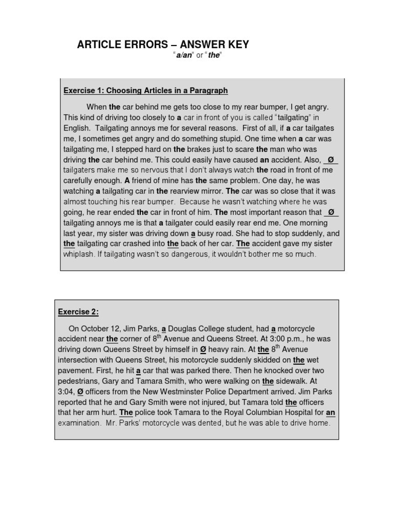 Article Errors - Answer Key: Exercise 1: Choosing Articles in A ...