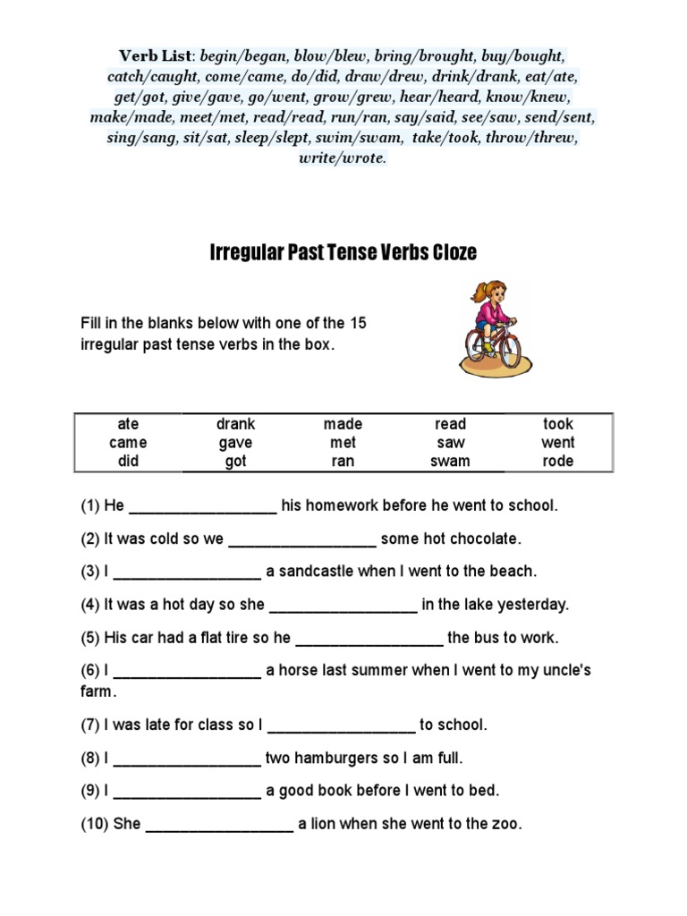 Irregular Past Tense Verbs Clo Ze | PDF