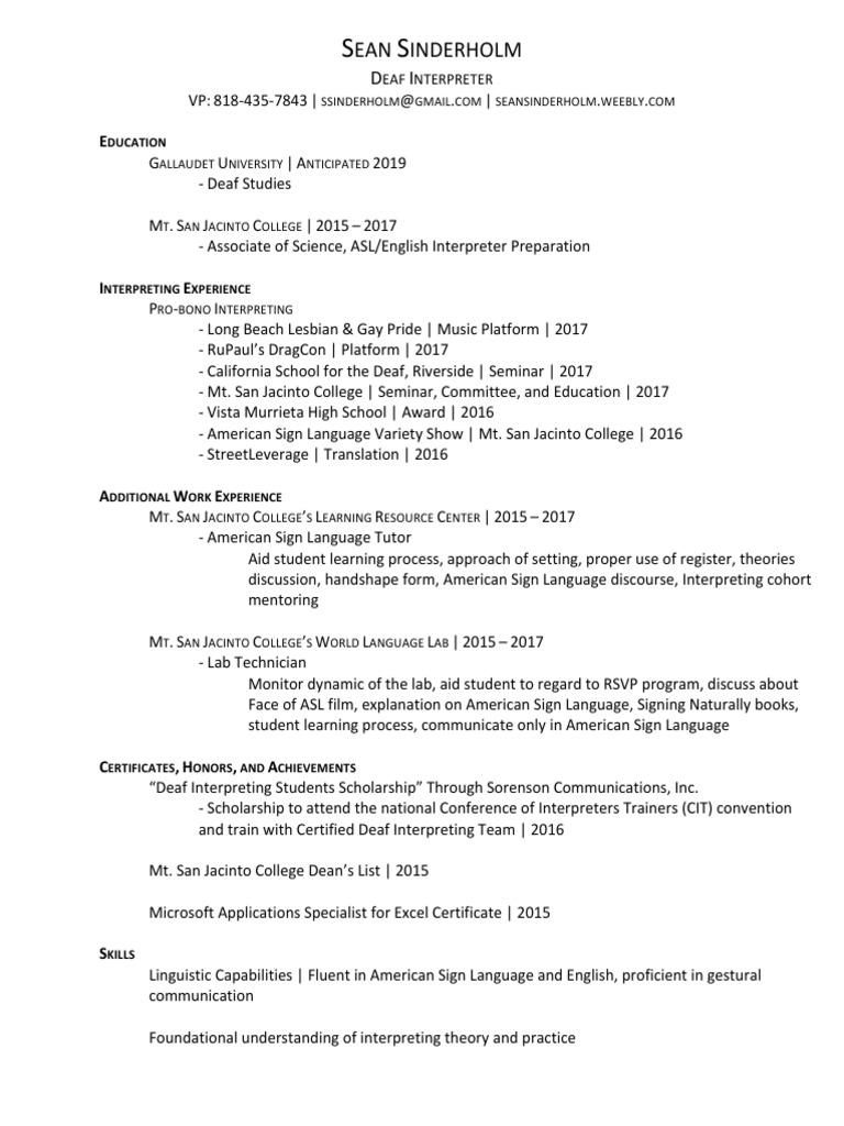 Sean Sinderholm Deaf Interpreter Resume | PDF | Language Interpretation ...