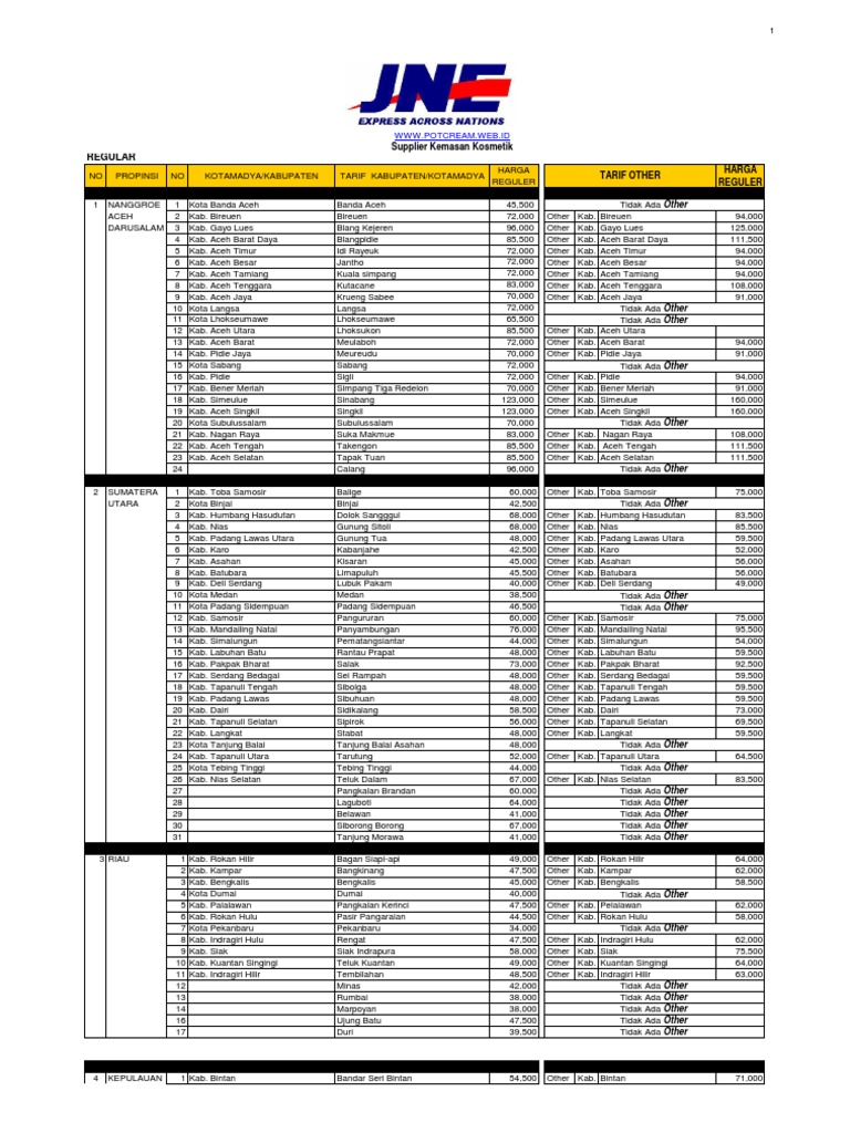 Tarif Jne Dari Surabaya (Reg) | PDF