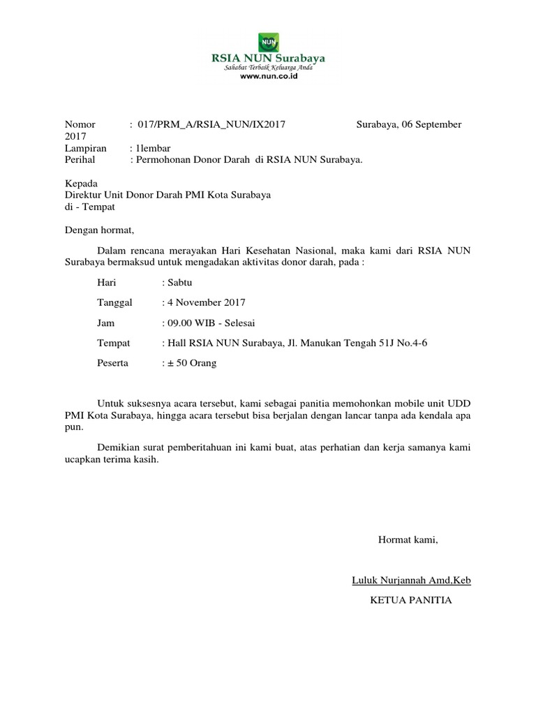 Permohonan Donor Darah ke PMI Surabaya | PDF