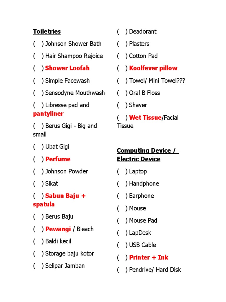 Hostel Checklist 2017 | PDF