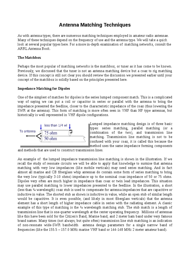 Antenna Matching Techniques | PDF | Antenna (Radio) | Coaxial Cable