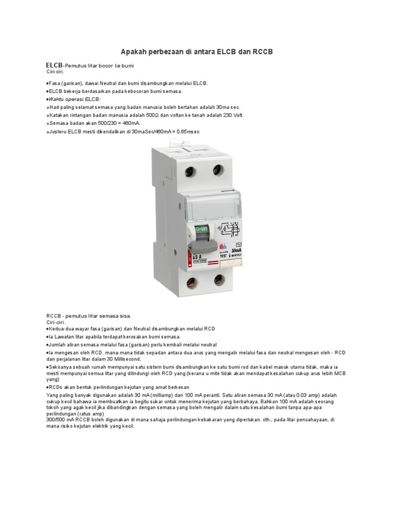 Perbezaan ELCB dan RCCB dalam Elektrik | PDF